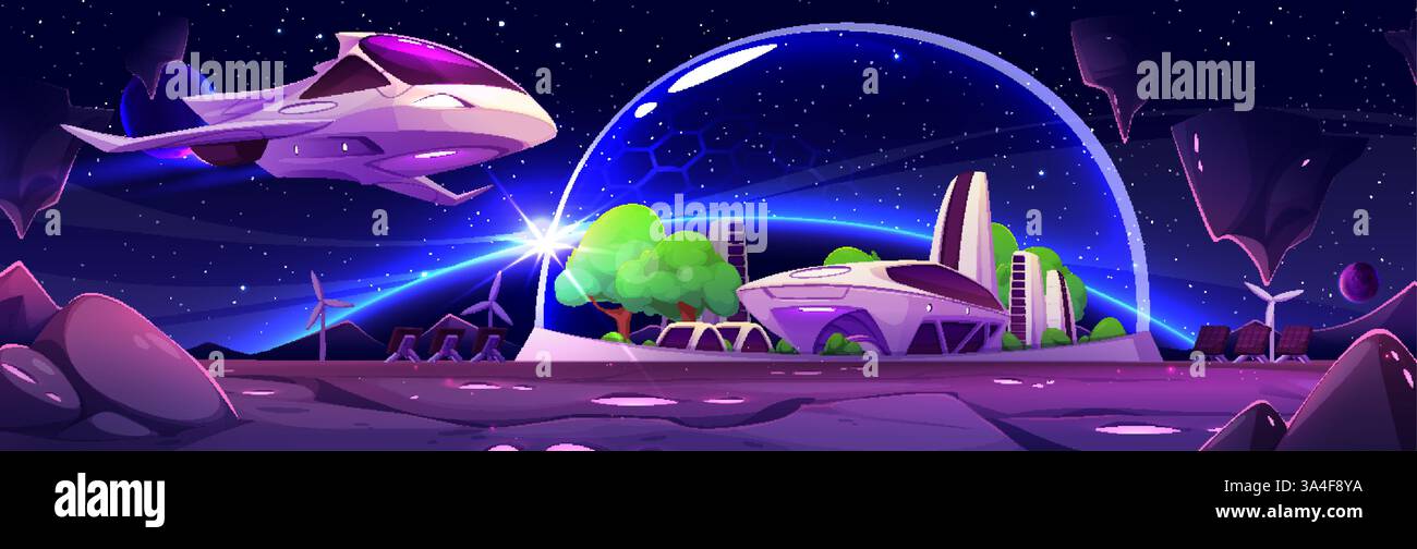 Futuristic city under glass dome on alien planet. Vector cartoon ...
