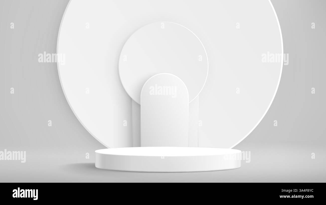 White cylindrical podium - round base with smooth surface, arch backdrop and simple geometric ...