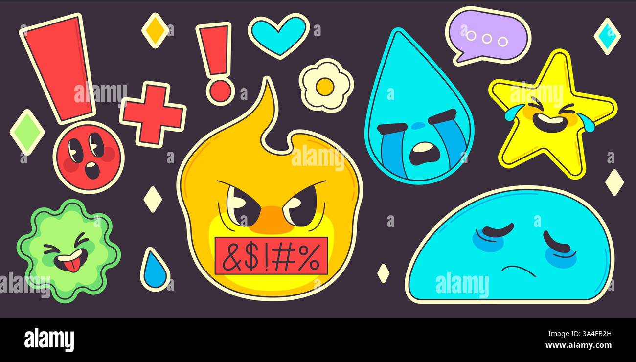 Sad emoji stickers set isolated on black background. Vector cartoon ...