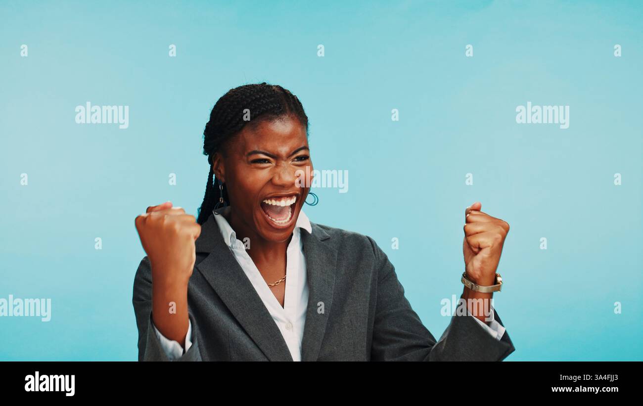 Success, business woman and fist pump to celebrate winning, good news ...