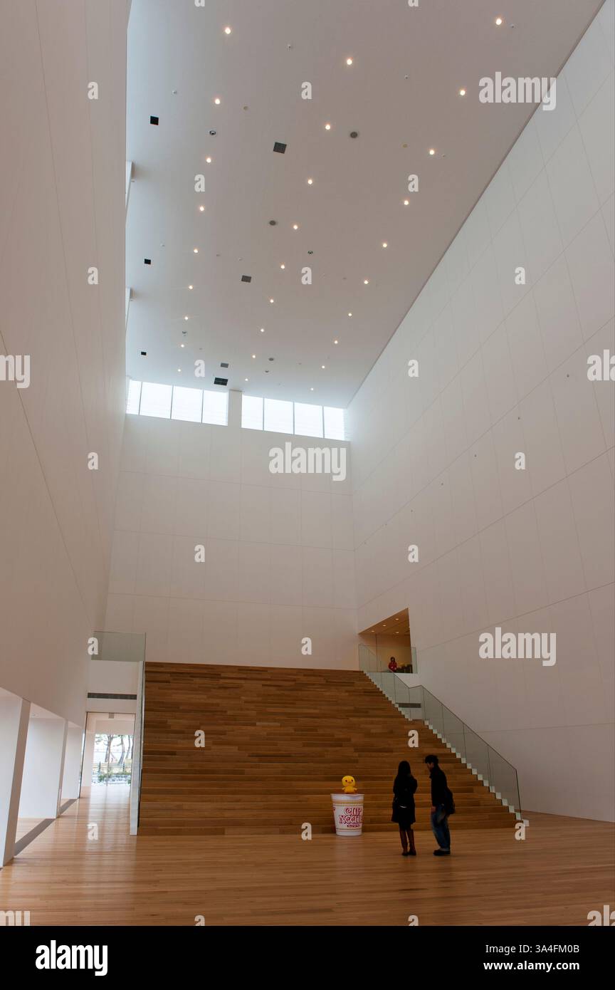 Spacious, multi-story interior entrance lobby at the Nissin Cup Noodles ...