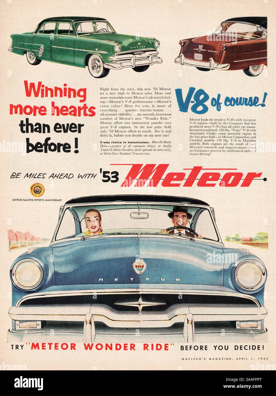 1953 canadian magazine meteor v8 car advert hi-res stock photography ...