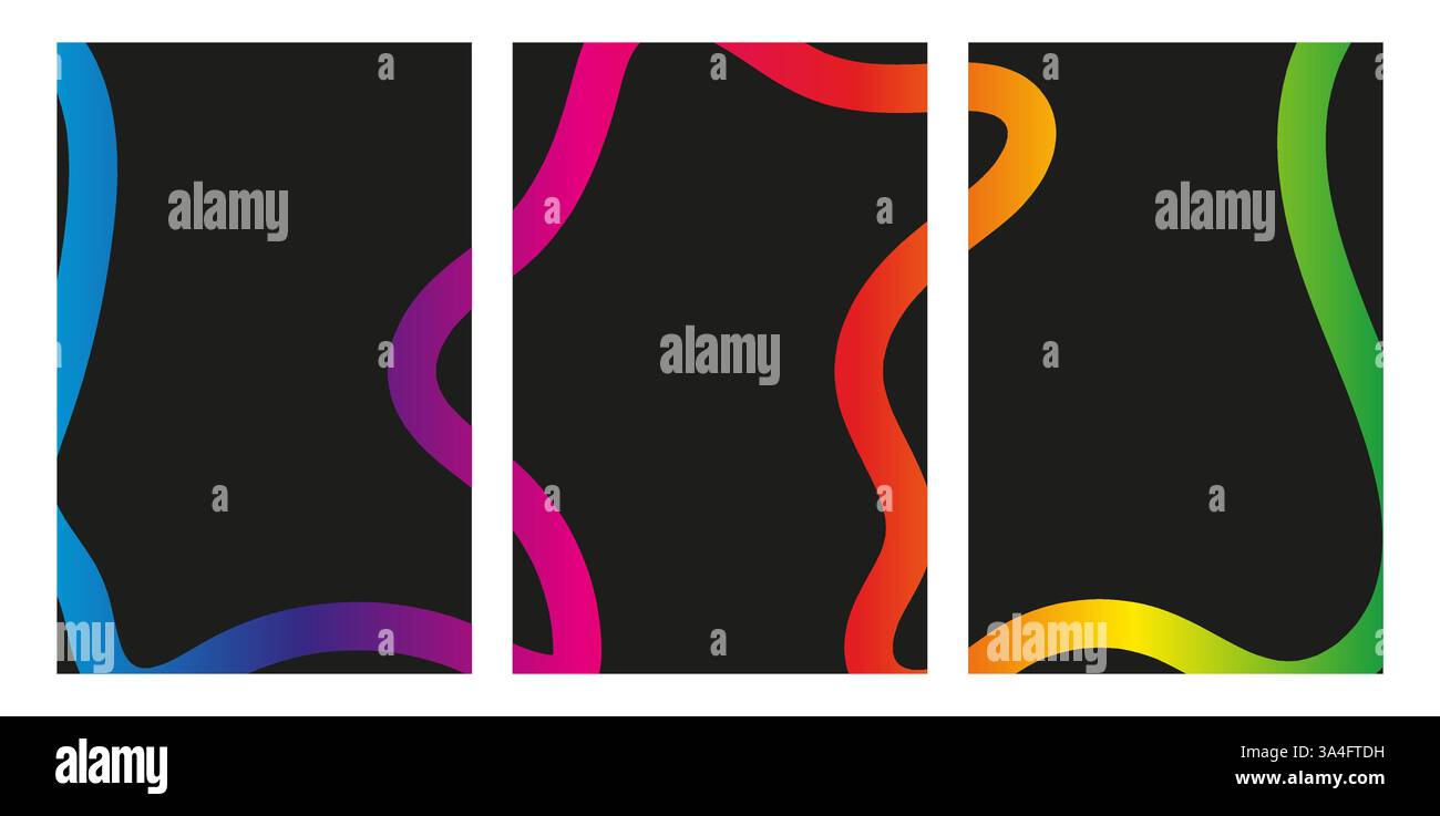 Abstract triptych with wavy gradient lines on dark background. Modern geometric design with copy ...