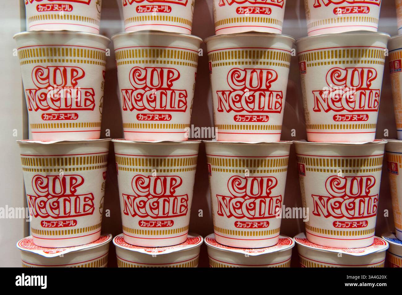 Variety of noodle soup products on display wall in the Instant Noodles ...