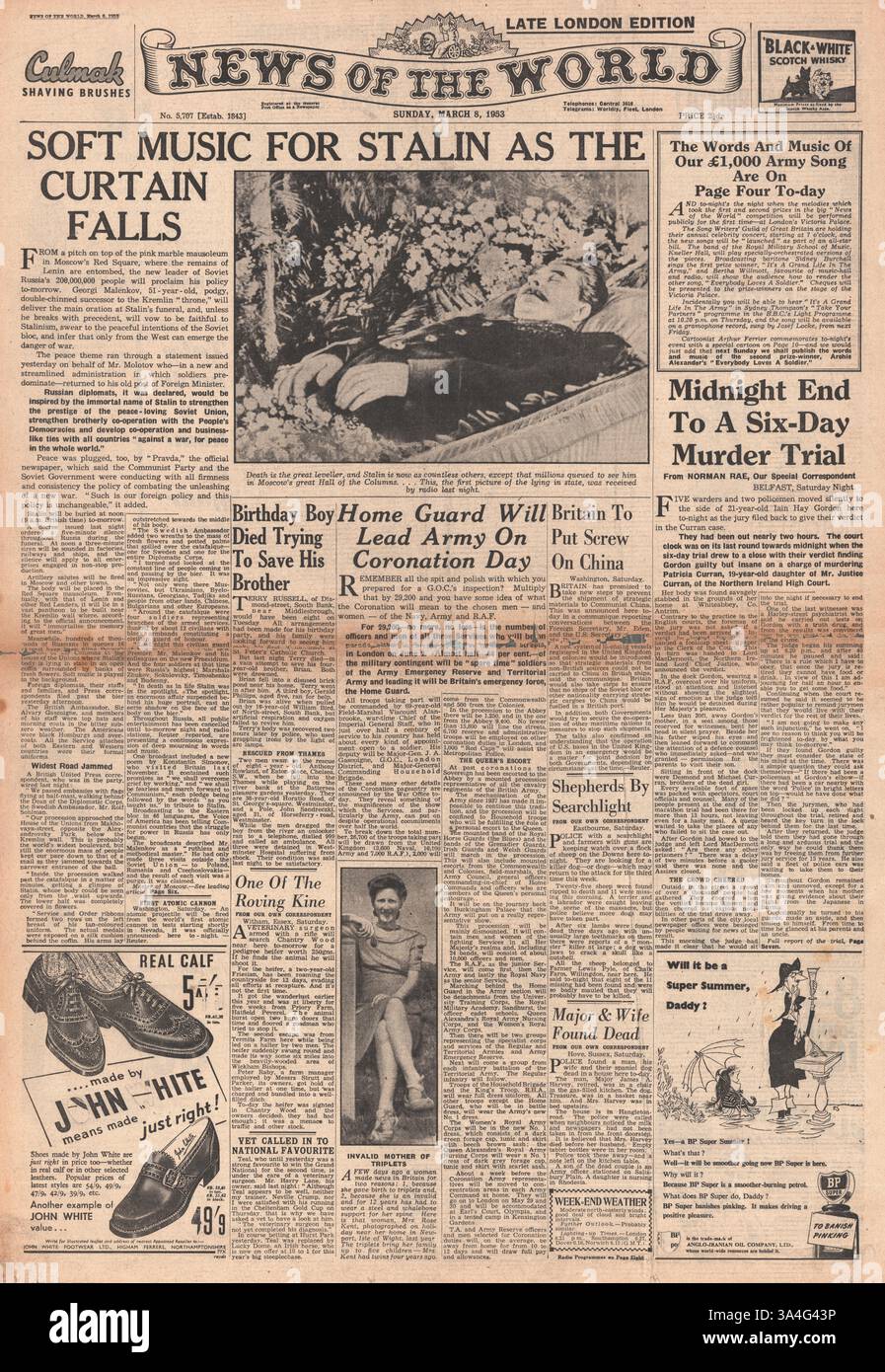 1953 News of the World front page reporting Death of Stalin Stock Photo ...