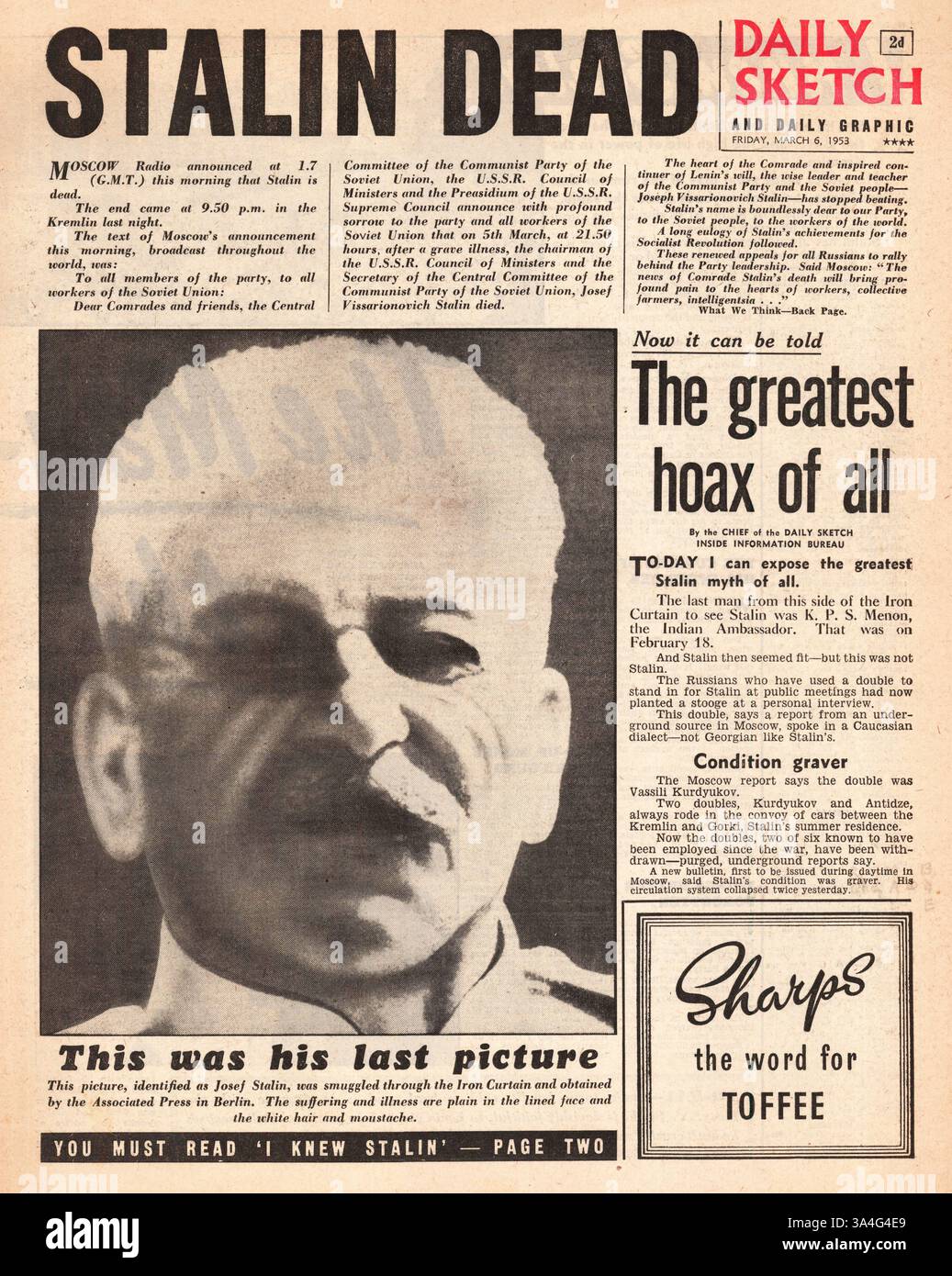 1953 Daily Sketch front page reporting Death of Stalin Stock Photo - Alamy