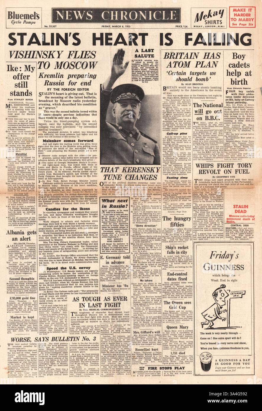 1953 News Chronicle front page reporting Joseph Stalin seriously ill ...
