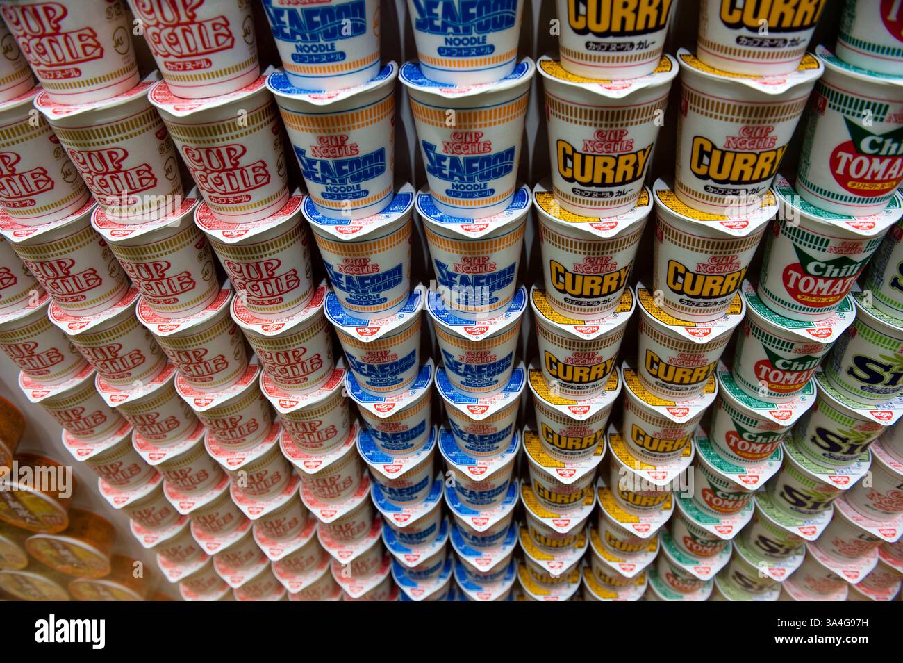 Variety of noodle soup products on display wall in the Instant Noodles ...