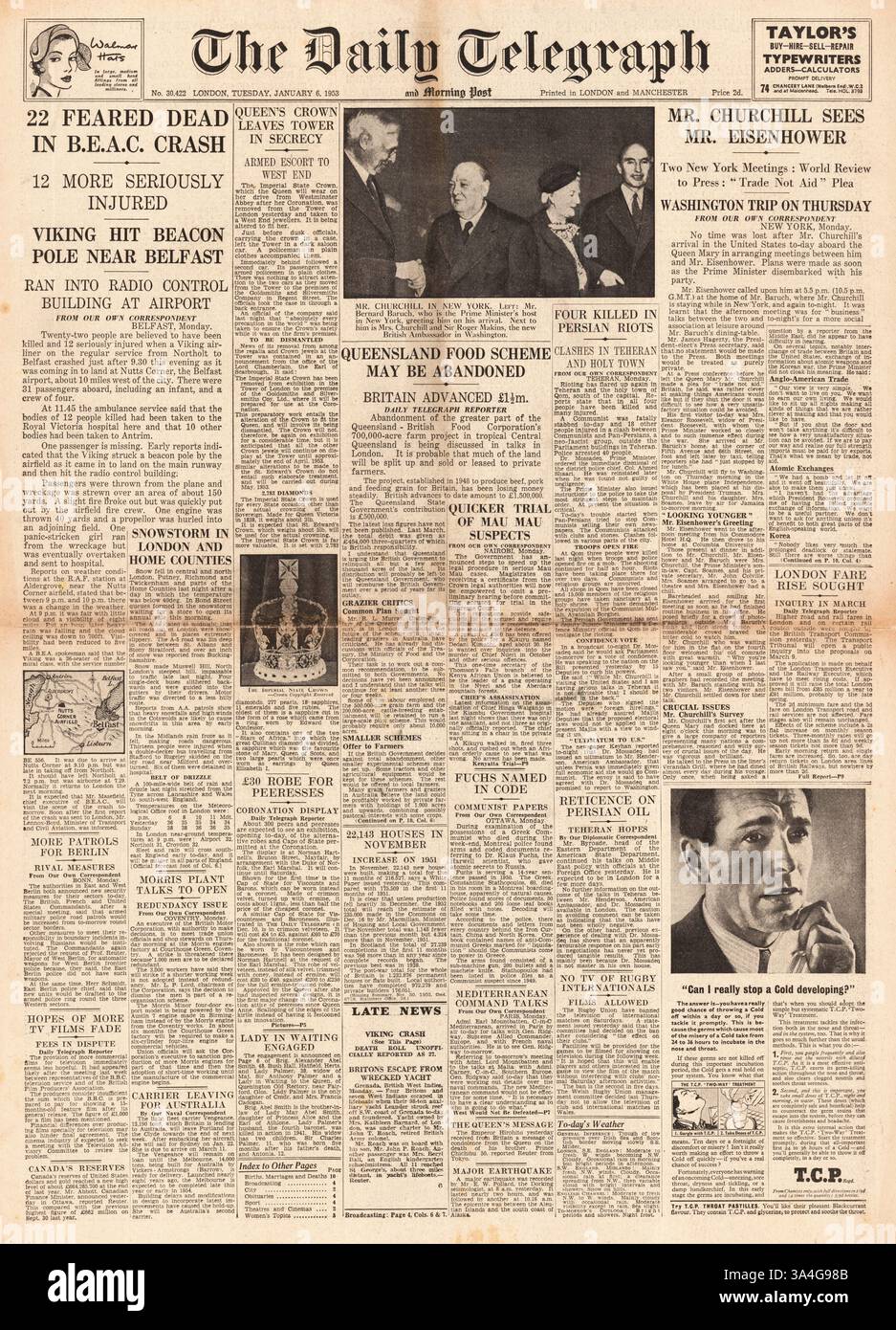 1953 Daily Telegraph front page reporting Nutts Corner BEA Vickers ...