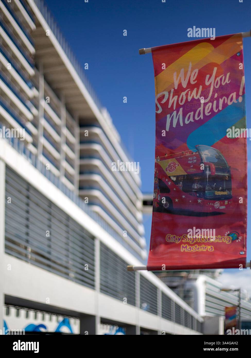 FUNCHAL, MADEIRA - FEBRUARY 10, 2025: Advertising banner sign for ...