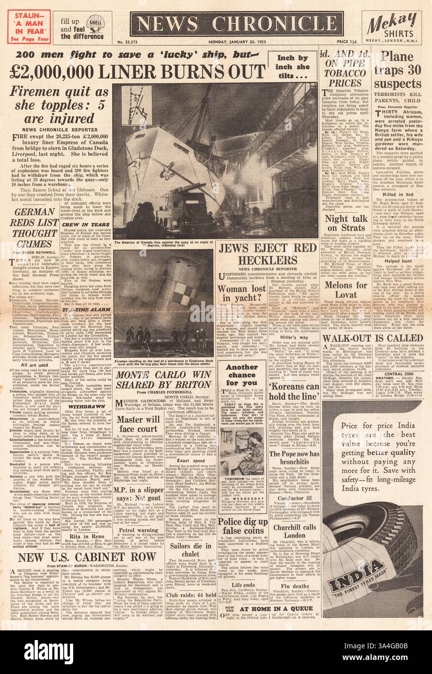 1953 news chronicle fire aboard liner empress of canada hi-res stock ...