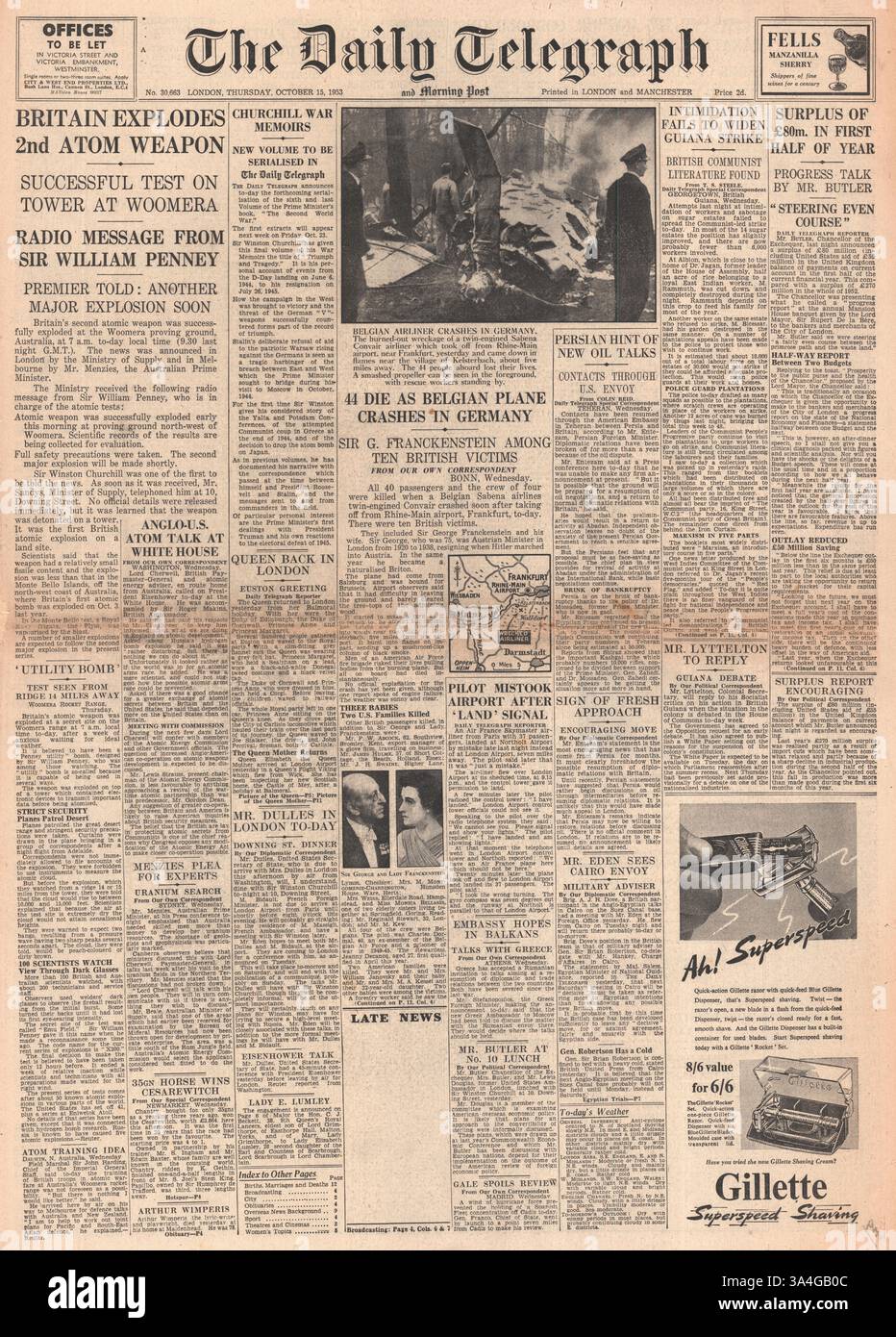 1953 Daily Telegraph front page reporting Belgian plane crash in ...