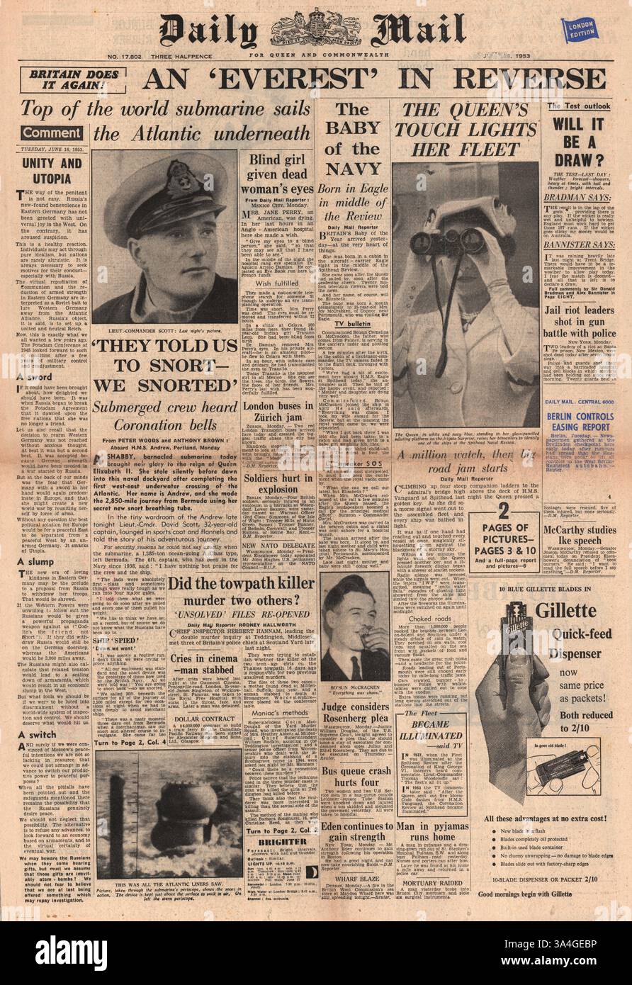 1953 Daily Express front and back page reporting HMS Andrew crosses ...