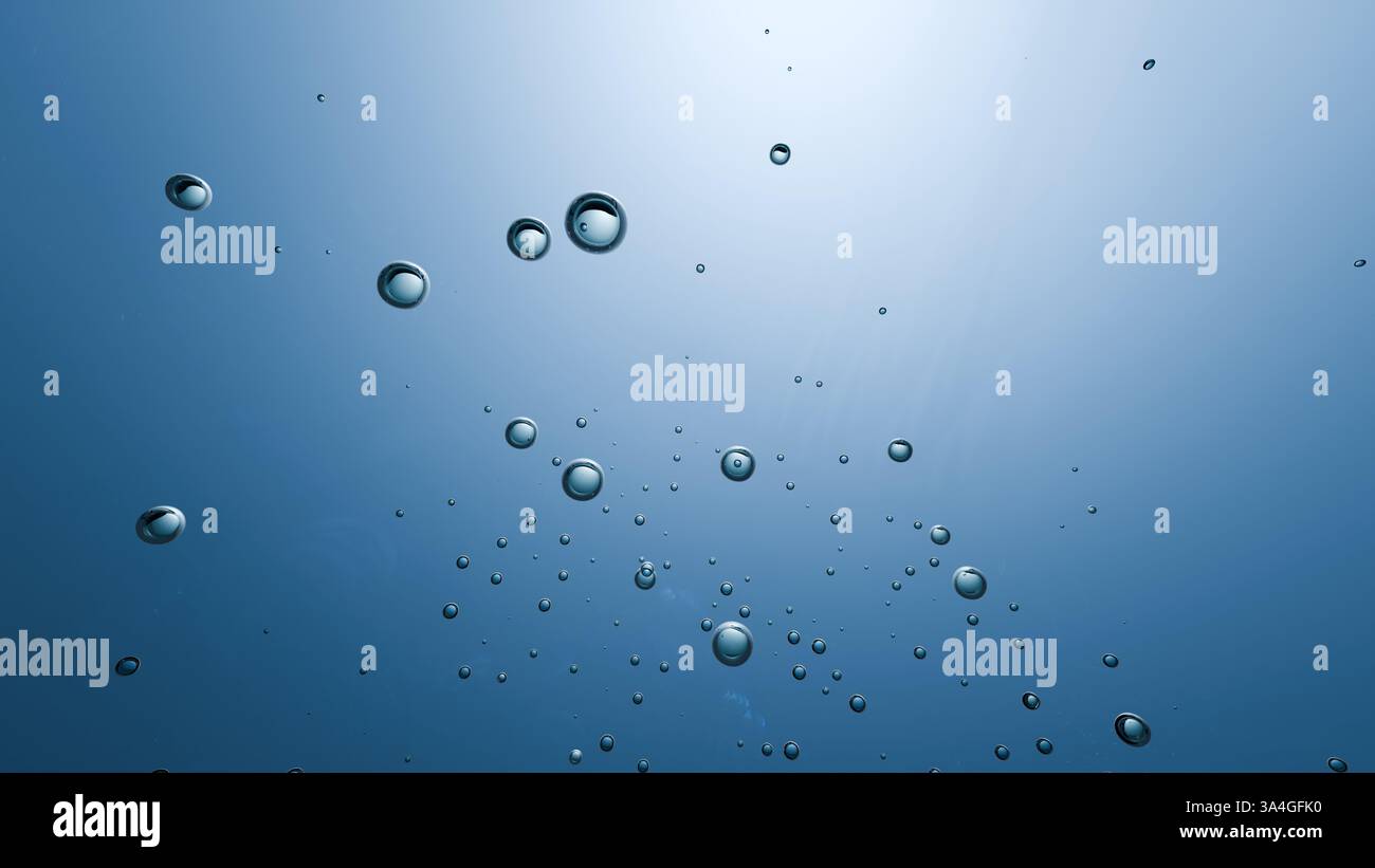 Bubbles ascend slowly in clear blue water, creating a tranquil effect ...