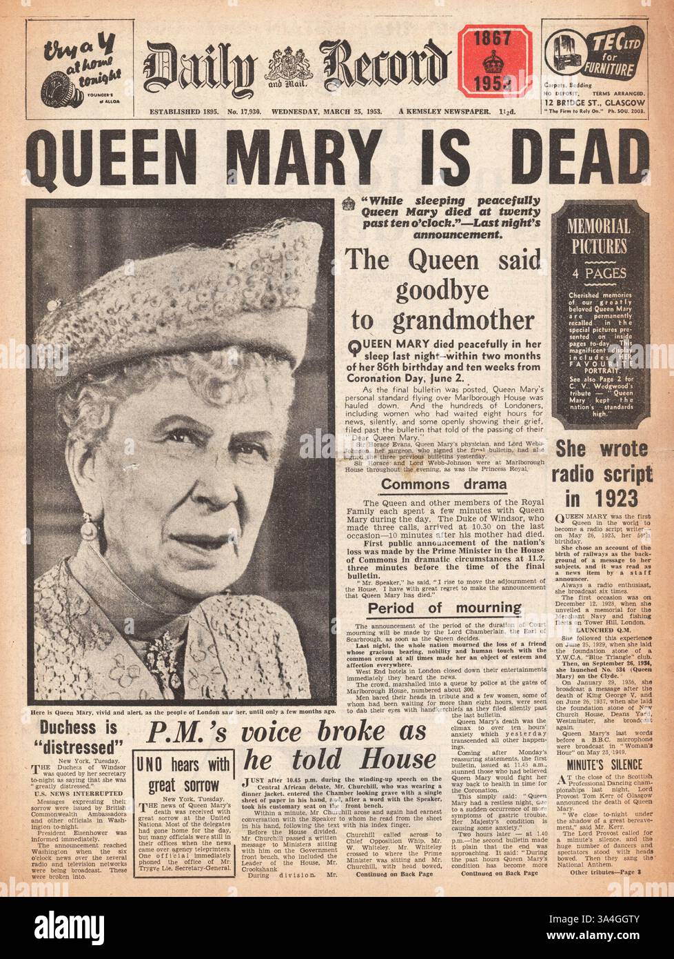 1953 Daily Record front page reporting the Death of Queen Mary Stock ...