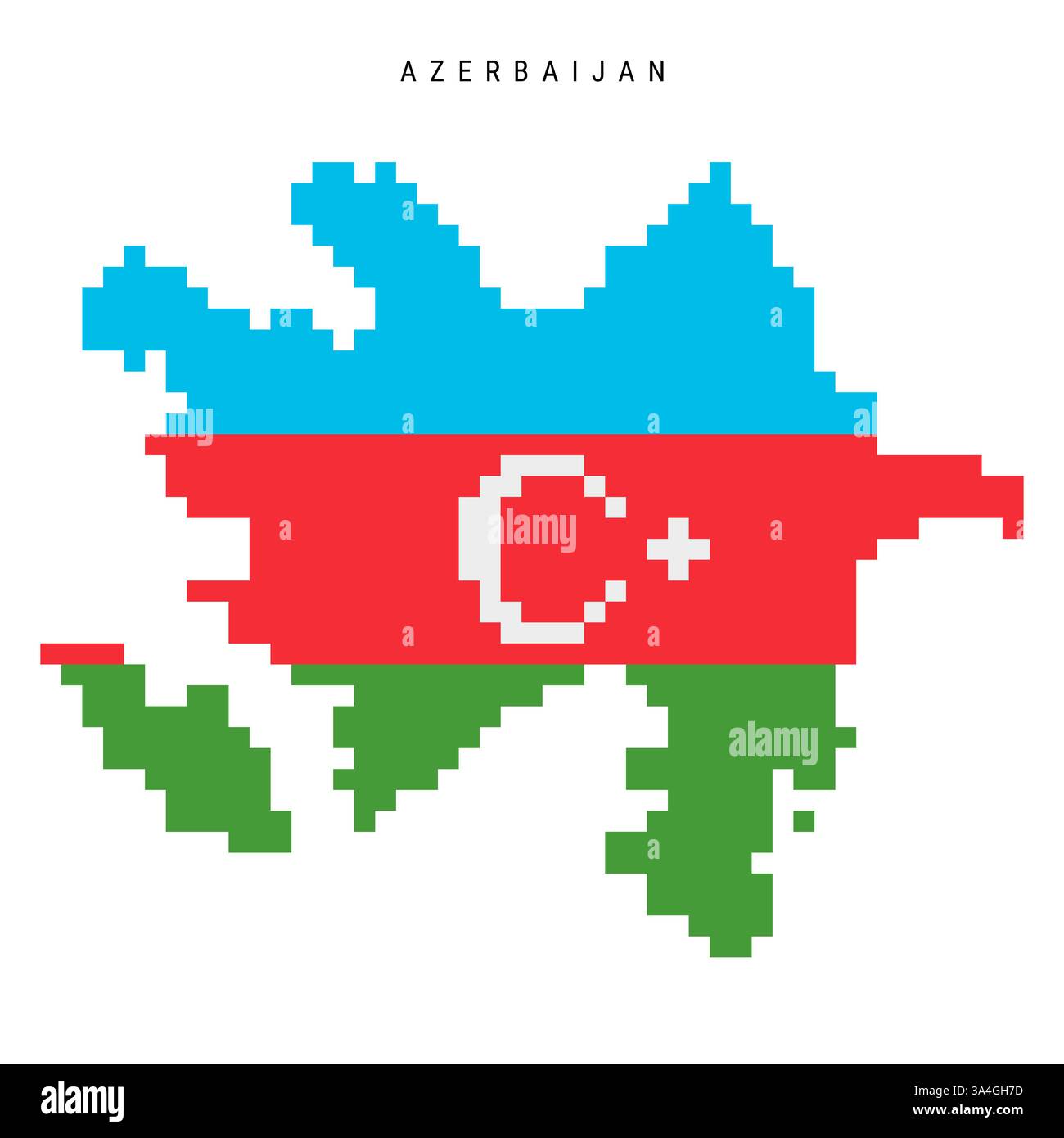 Azerbaijan pixel flag map icon. 8 bit pixel art Azerbaijani map covered with flag. Flat ...
