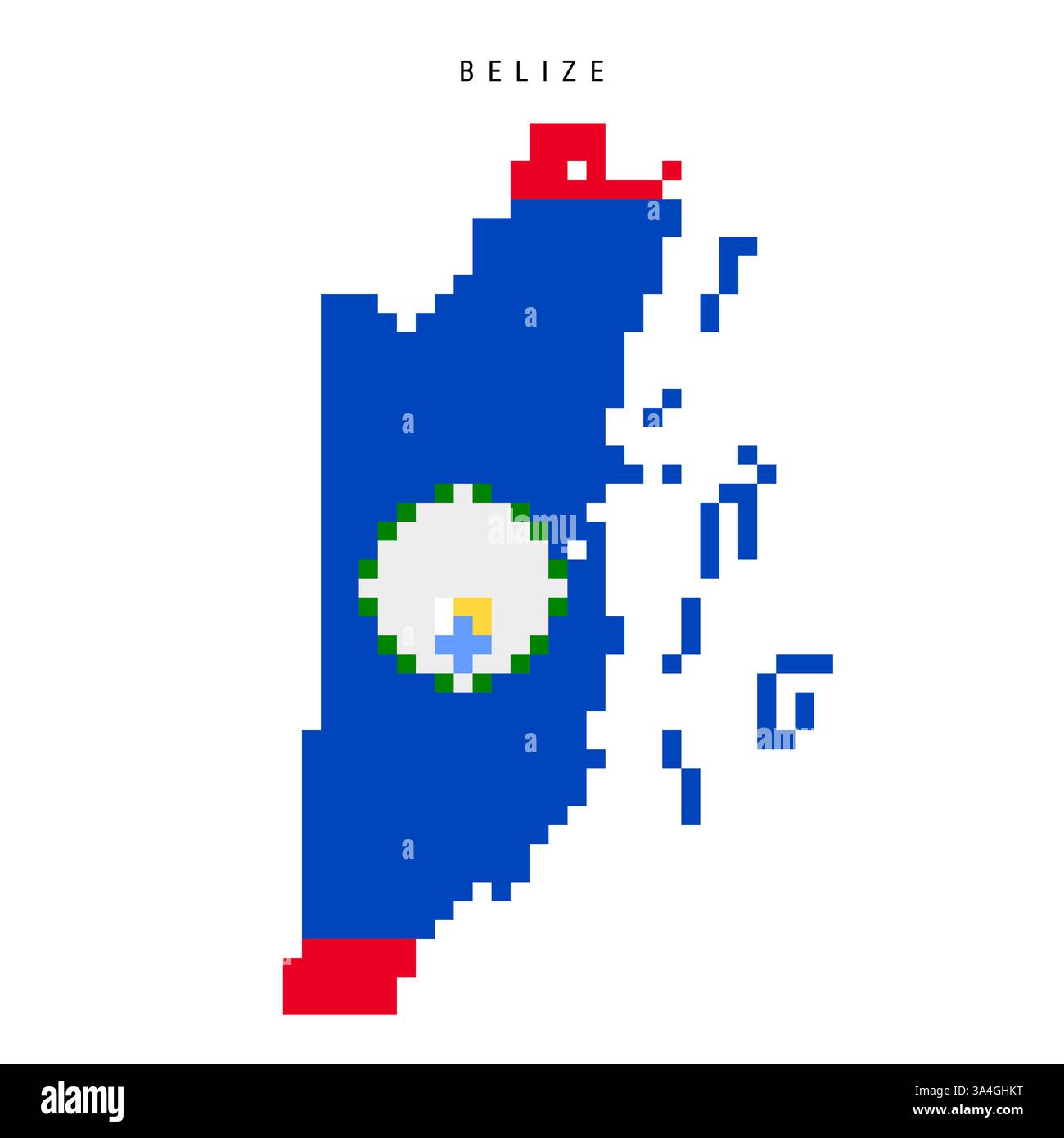 Belize pixel flag map icon. 8 bit pixel art Belizean map covered with ...