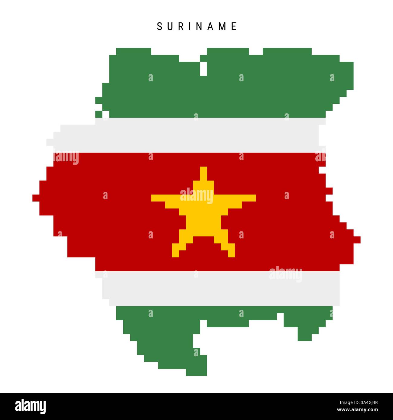 Suriname pixel flag map icon. 8 bit pixel art Surinamese map covered with flag. Flat ...