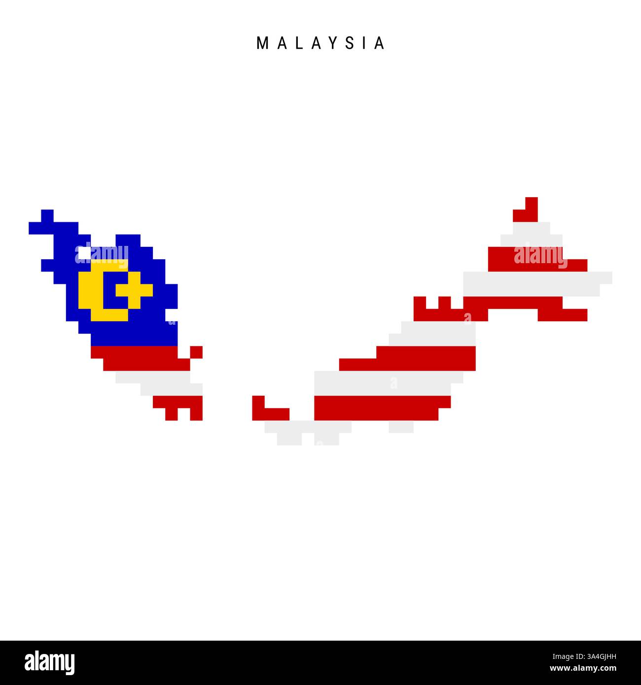 Malaysia pixel flag map icon. 8 bit pixel art Malaysian map covered with flag. Flat illustration ...