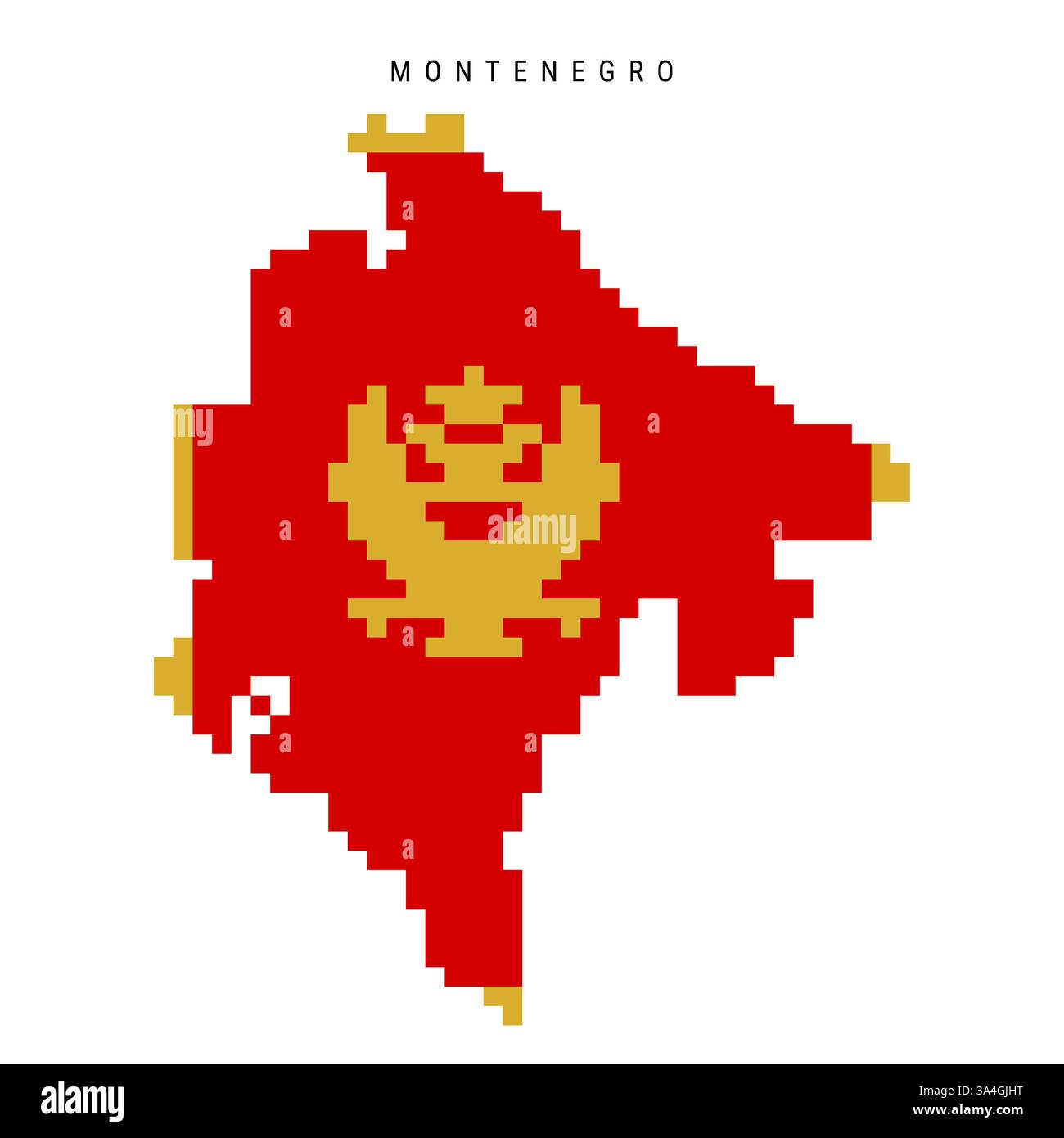 Montenegro pixel flag map icon. 8 bit pixel art Montenegrin map covered with flag. Flat ...