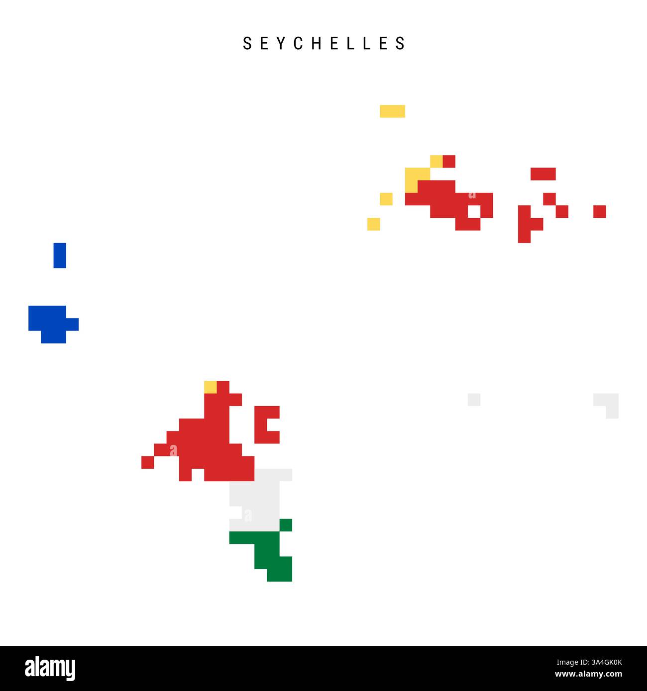 Seychelles pixel flag map icon. 8 bit pixel art Republic of Seychelles map covered with flag ...