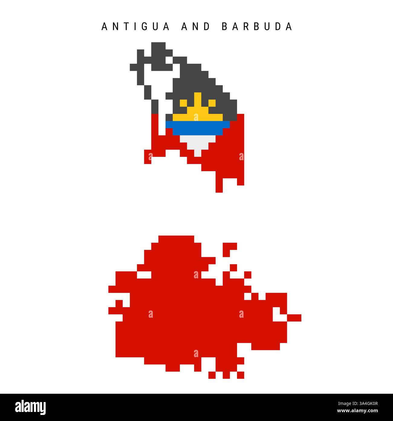 Antigua and Barbuda pixel flag map icon. 8 bit pixel art Antiguan Barbudan map covered with flag ...