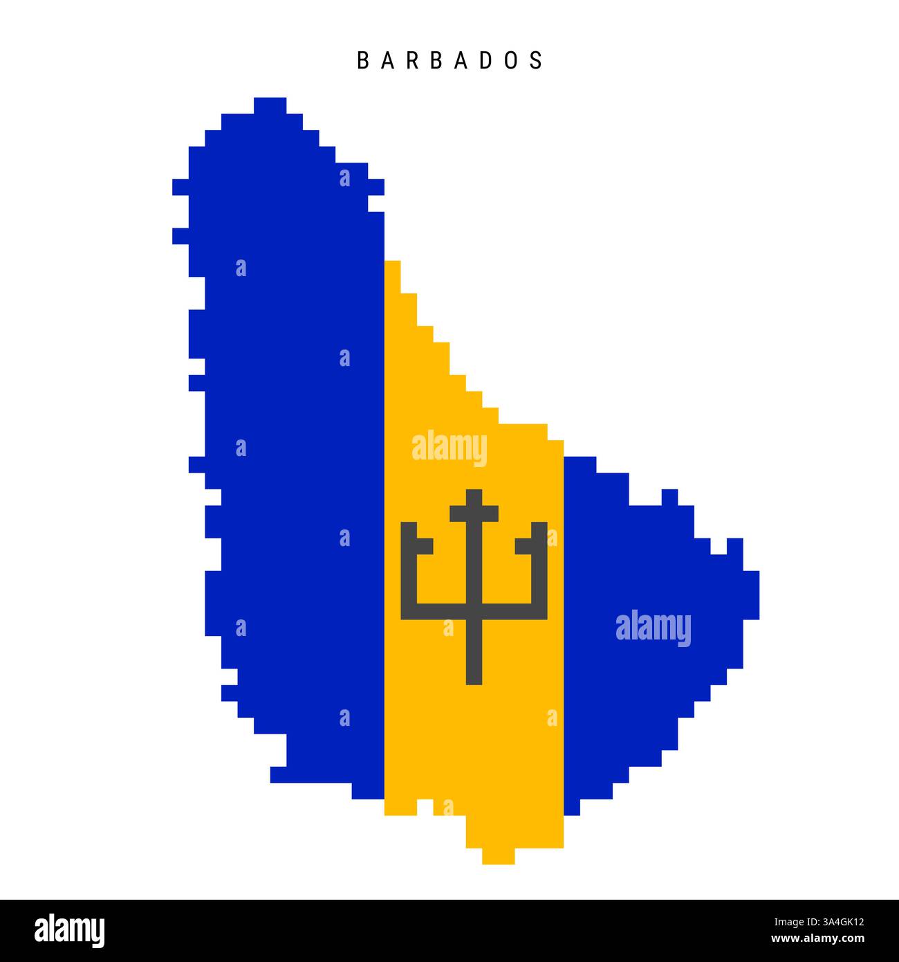 Barbados pixel flag map icon. 8 bit pixel art Barbadian map covered with flag. Flat illustration ...