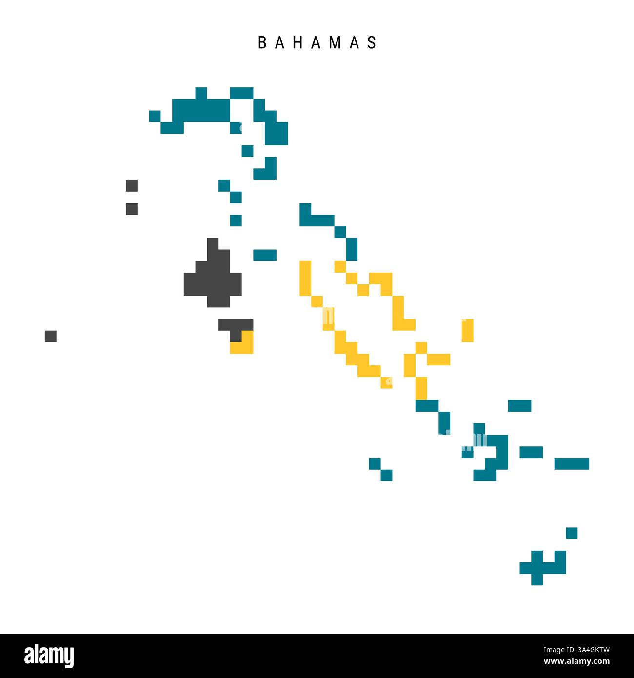 Bahamas pixel flag map icon. 8 bit pixel art Bahamian map covered with ...