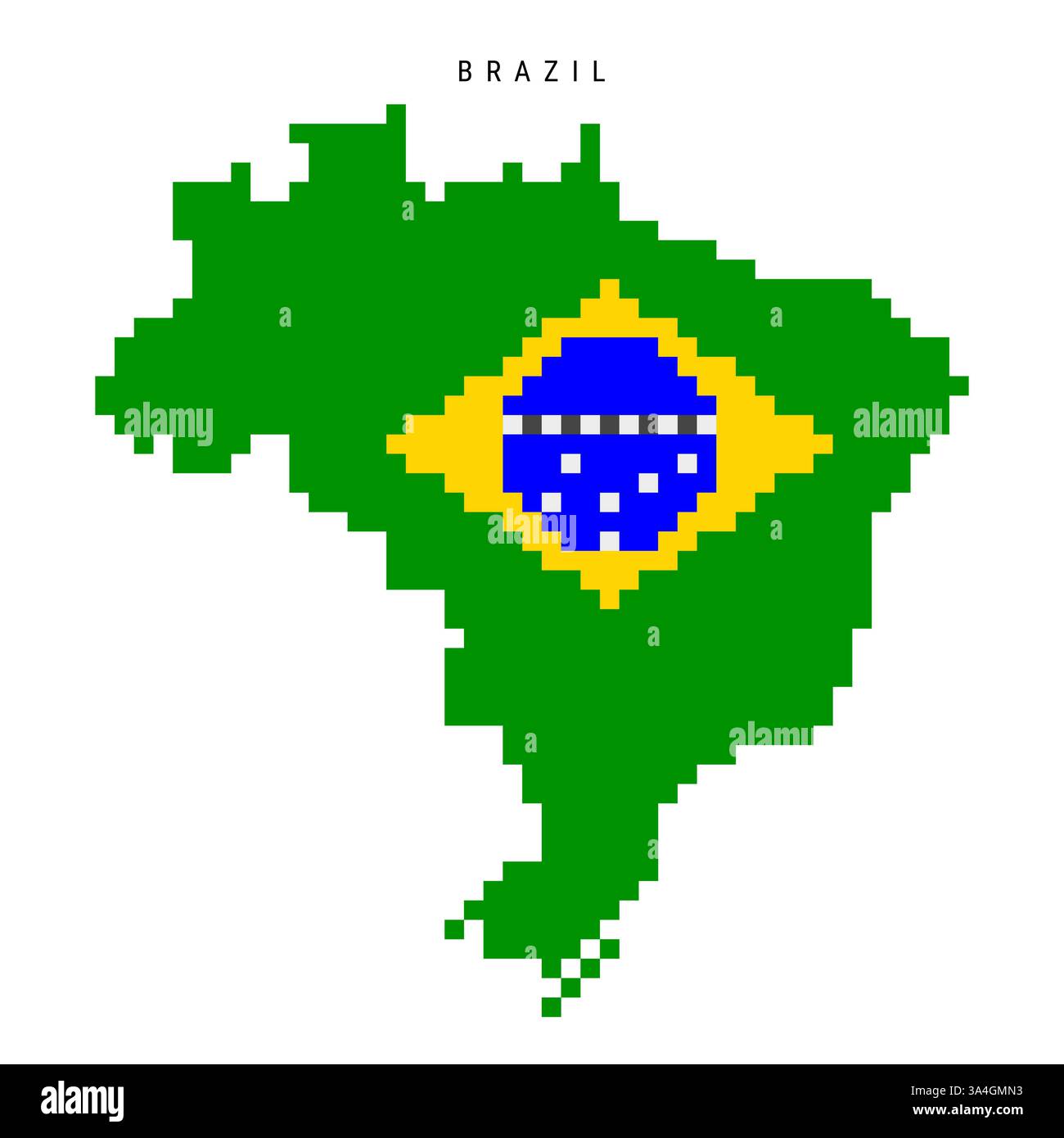 Brazil pixel flag map icon. 8 bit pixel art Brazilian map covered with ...