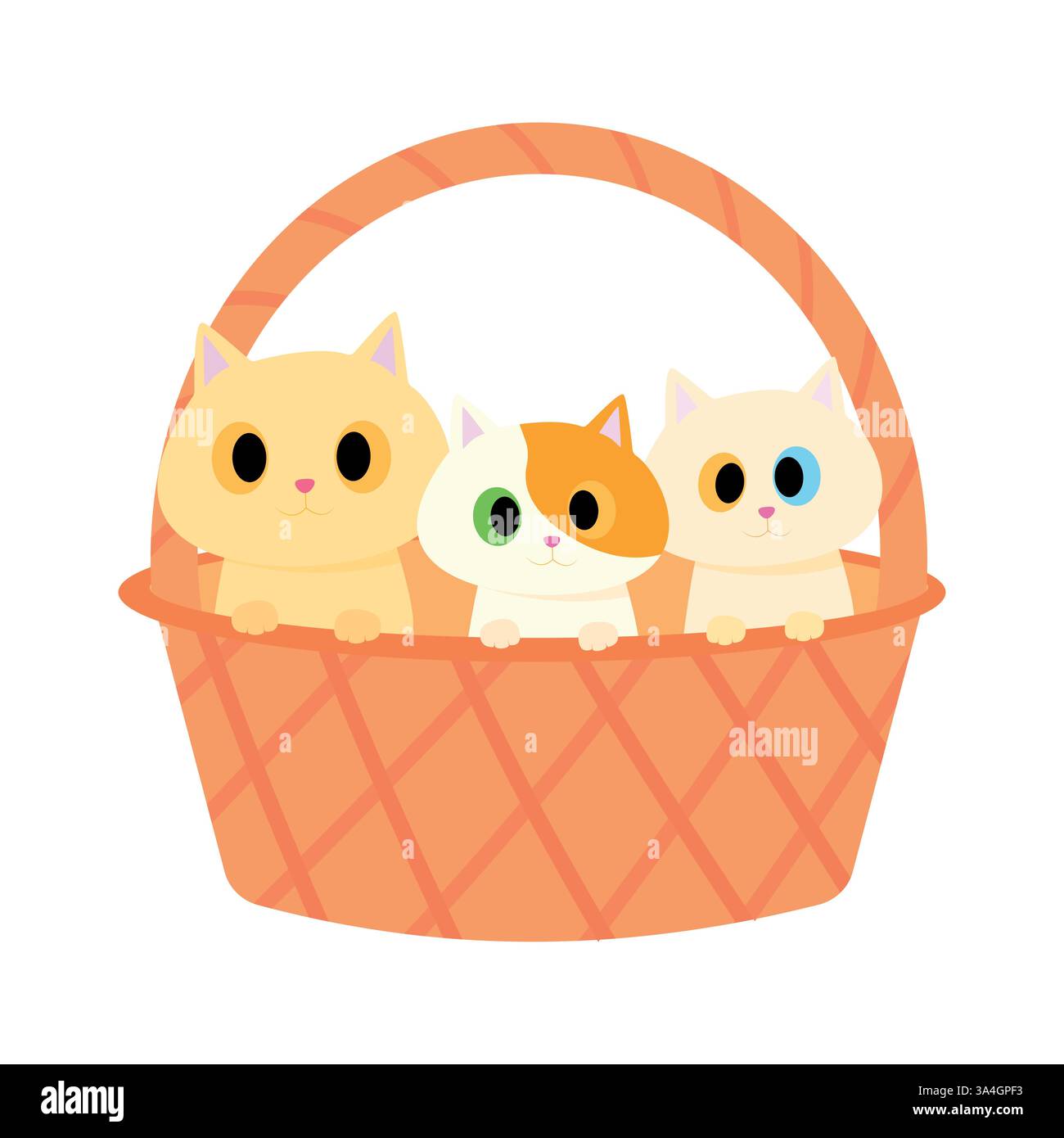Three adorable cats are peacefully sitting together in a cozy basket ...