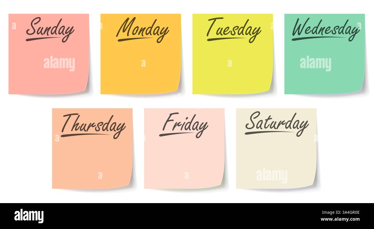 7 days multi-colored stickers for all seven days of the week. Names of ...