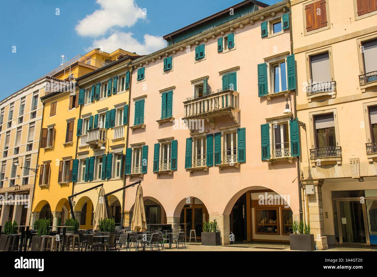 Porticoed buildings on Via Mercatovecchio, Udine, Italy. The ...