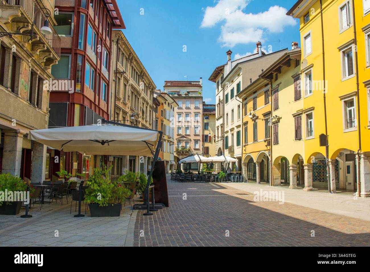 Porticoed buildings on Via Mercatovecchio, Udine, Italy. The ...