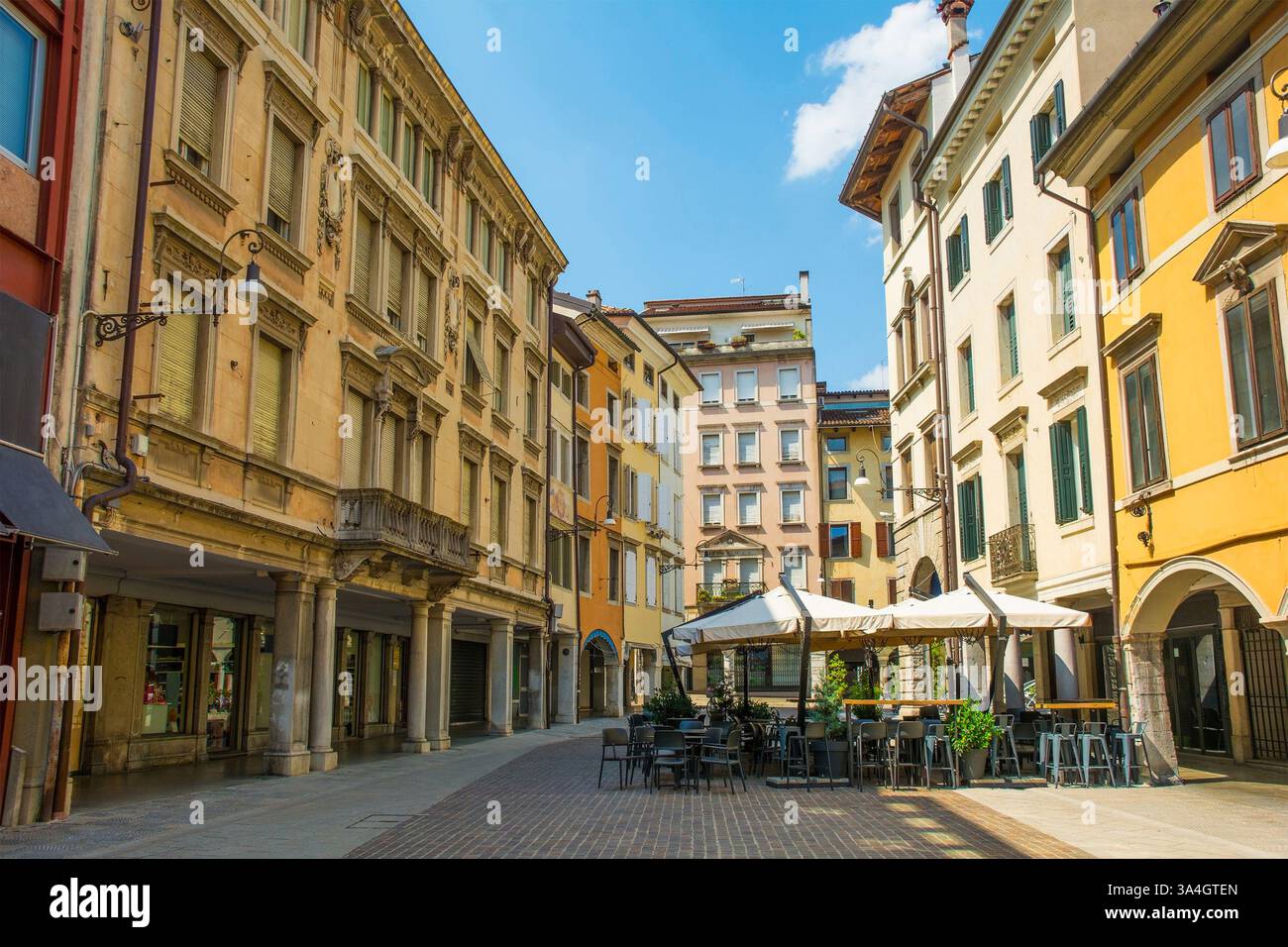 Colourful buildings on Via Mercatovecchio, Udine, Italy. The ...