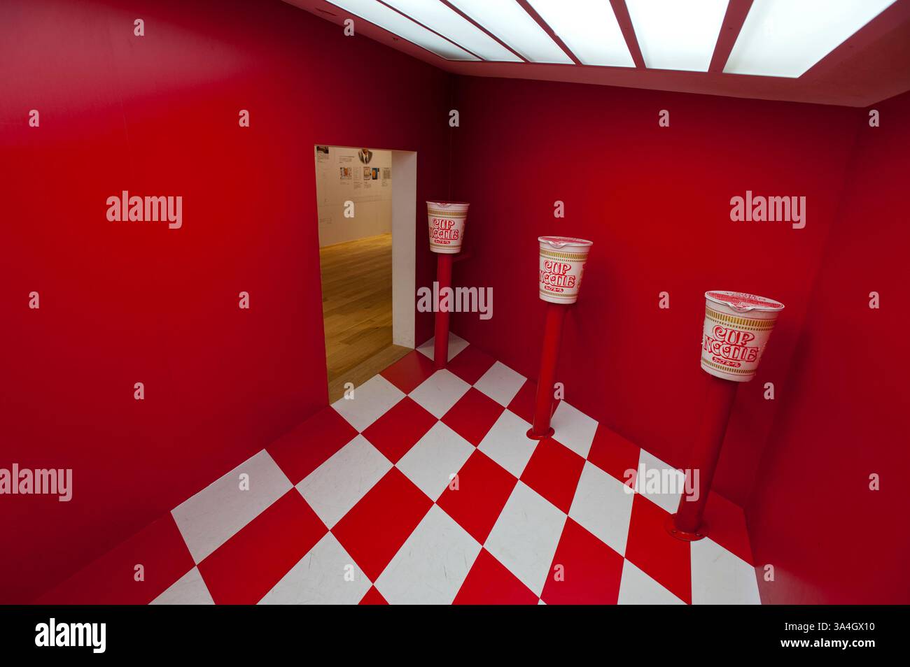 A red optical illusion room at Nissin Cup Noodles Museum intending to ...