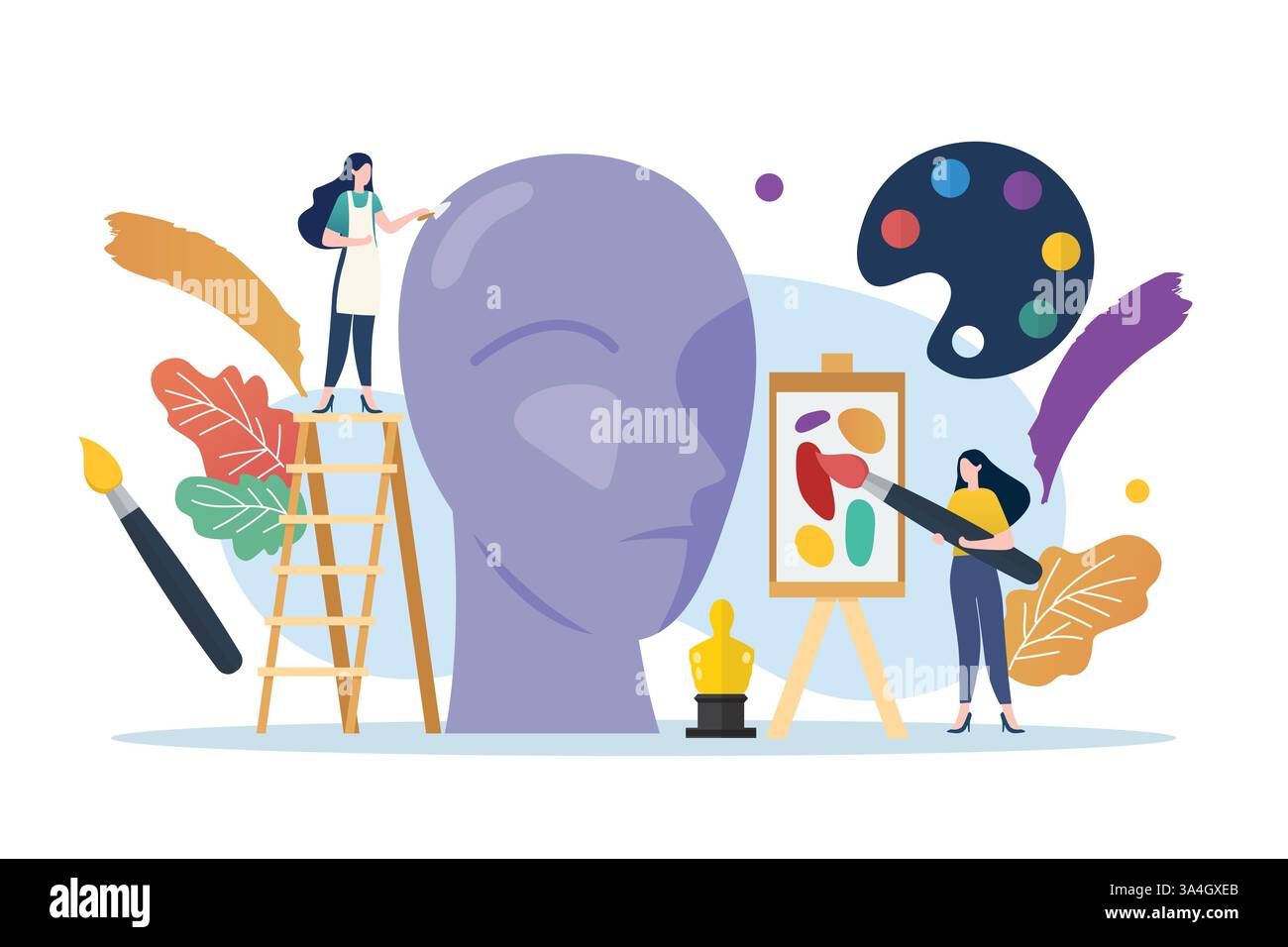 Art class scene with miniature people. Art school subject. Vector ...