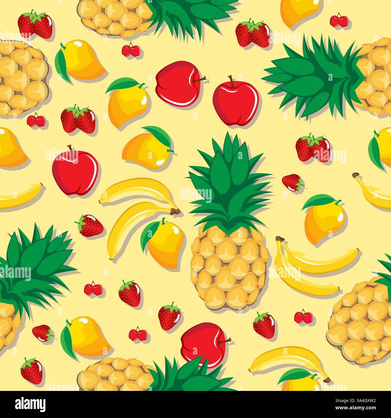 Mango pineapple apple strawberry banana cherry mix fruits seamless ...