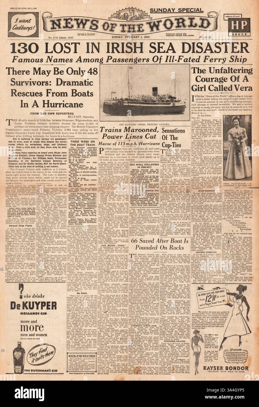 1953 News of the World front page reporting MV Princess Victoria ...