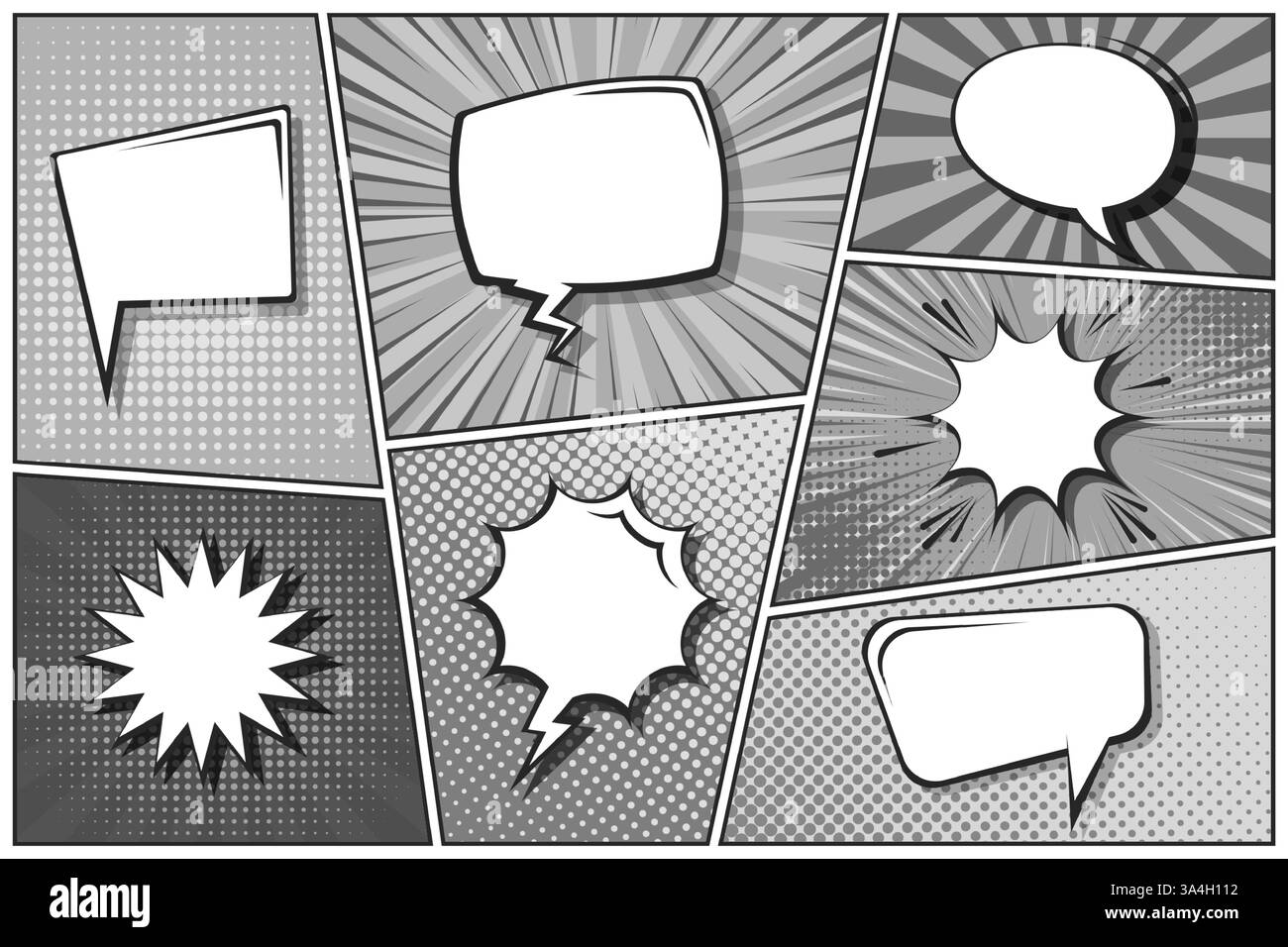 Cartoon comic backgrounds set. Speech bubble. Comics book black and white poster with halftone ...