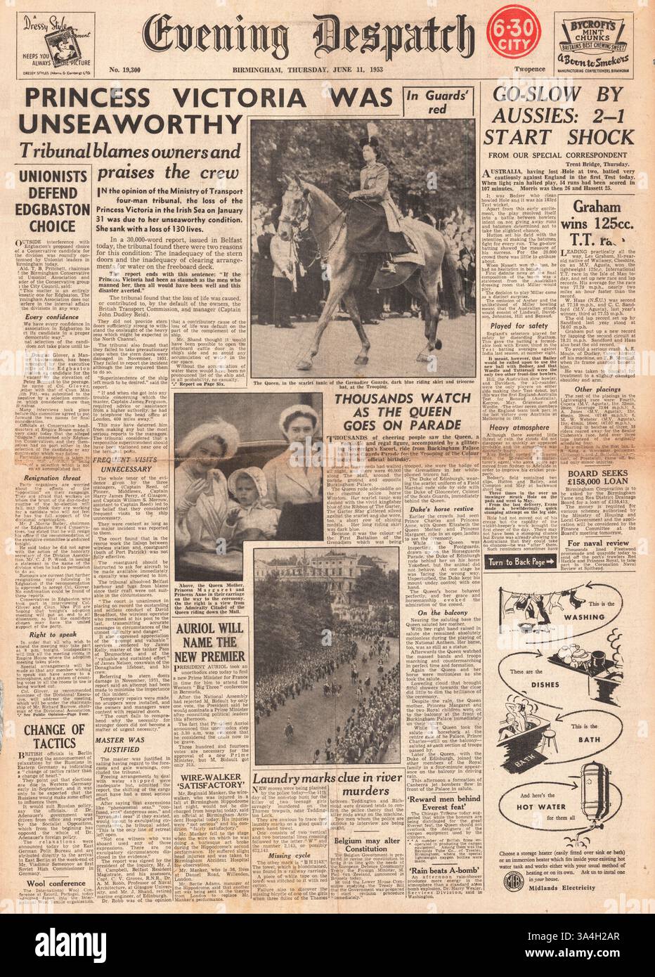 1953 Evening Despatch front page reporting MV Princess Victoria ...