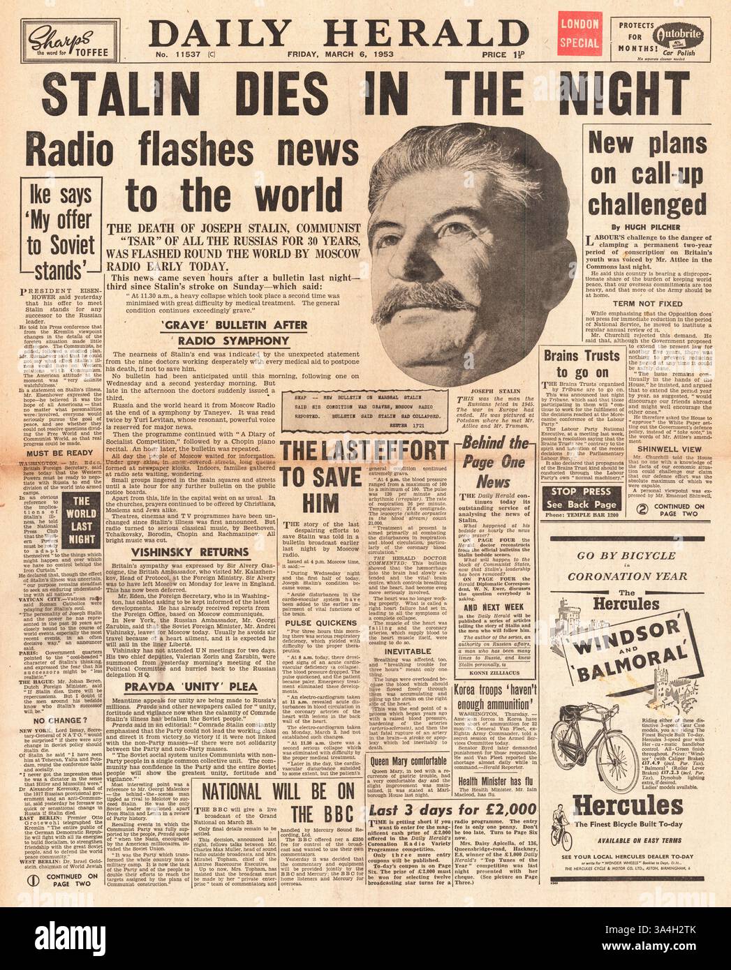 1953 Daily Herald front page reporting Death of Stalin Stock Photo - Alamy