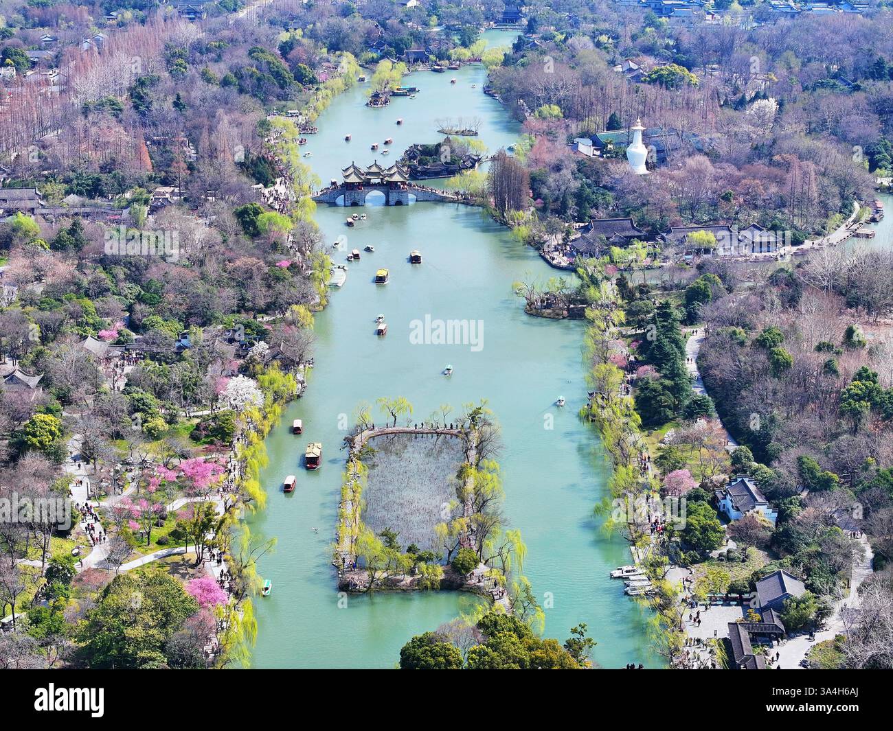 Aerial photo shows the spring scenery of the Slender West Lake scenic ...
