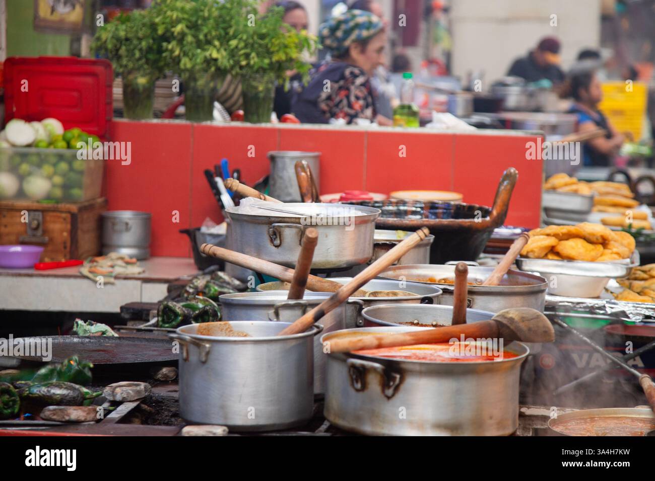 Pots of food for sale at the Cholula market in Puebla, Mexico Stock ...