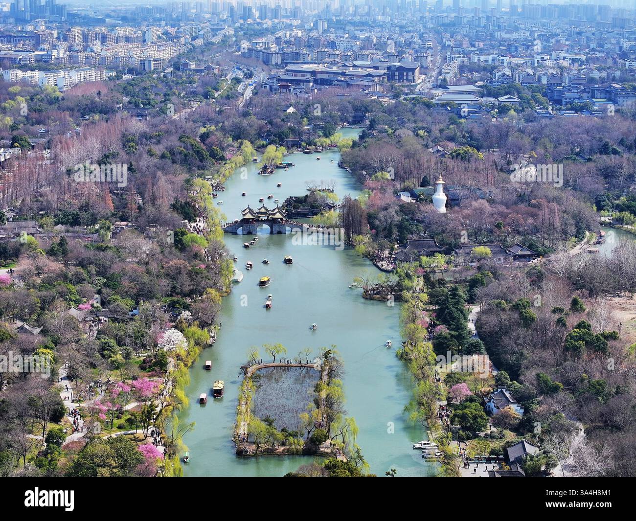 Aerial photo shows the spring scenery of the Slender West Lake scenic ...