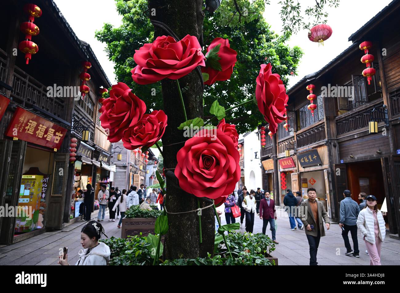 Fuzhou,China.17th March 2025. People walk by trees decorated as floral ...