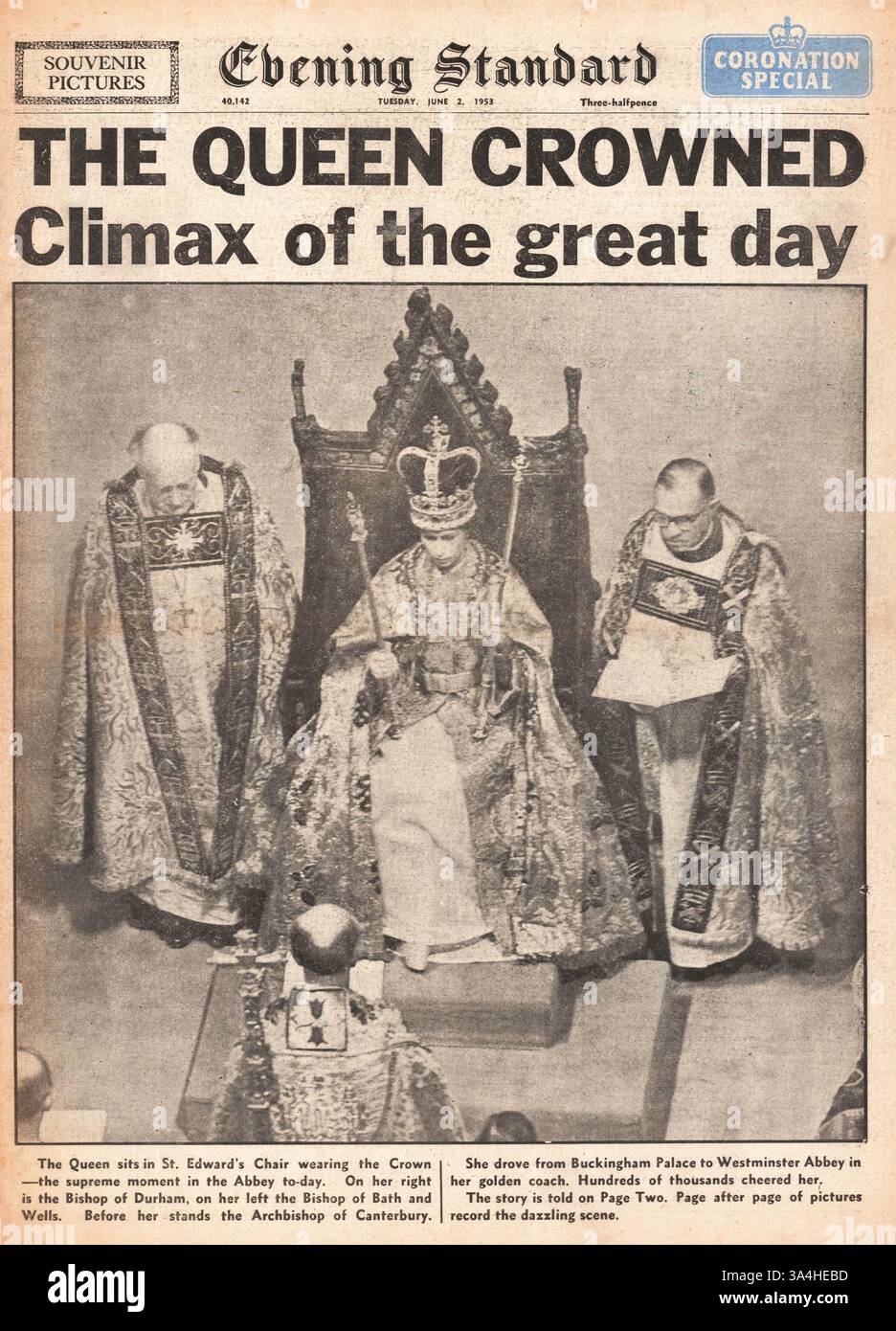1953 Evening Standard front page reporting Coronation of Queen ...