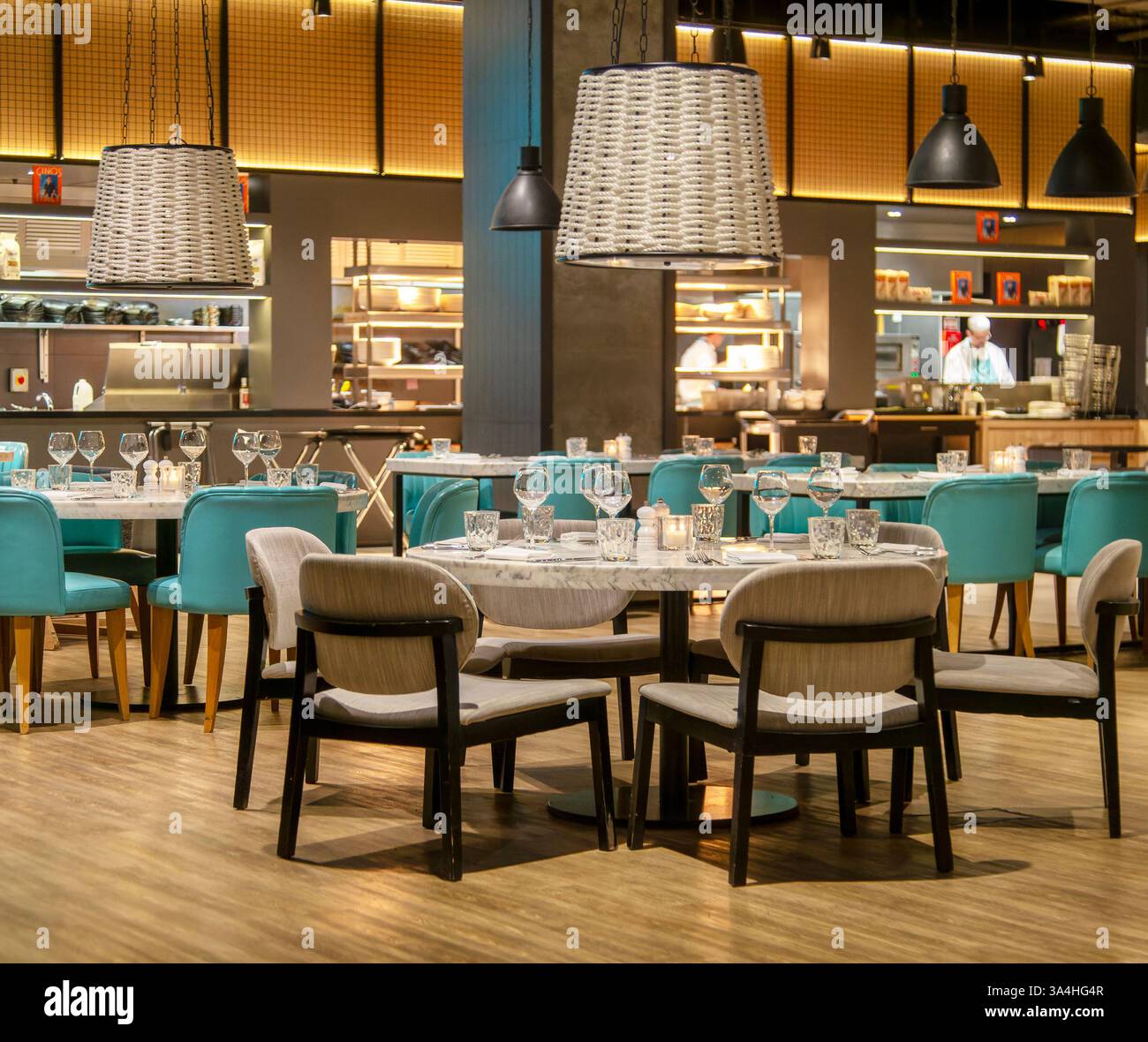 Tables and chairs set for diners in Gino D'acampo restaurant, Melia ...