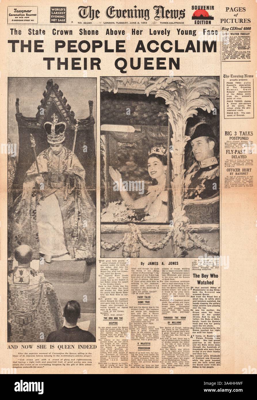 1953 Evening News front page reporting Coronation of Queen Elizabeth II ...