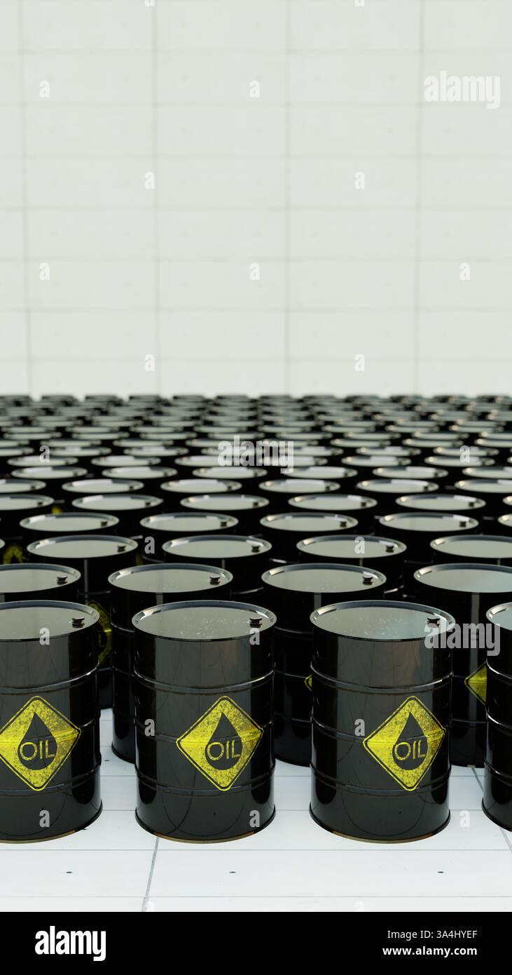 Stockroom Of The Black Oil Barrels, 3D illustration Background for ...