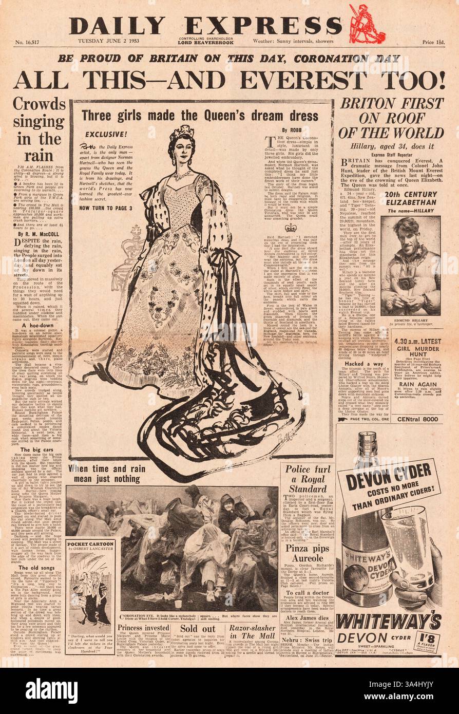 1953 Daily Express front page reporting Coronation of Queen Elizabeth ...